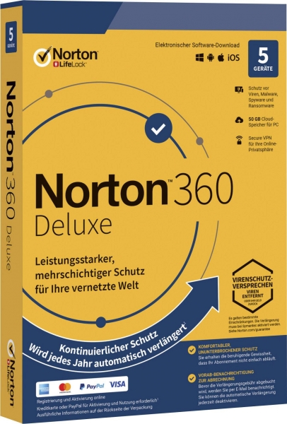 Norton 360 Deluxe, 50 GB cloud backup, 5 devices 1 year NO SUBSCRIPTION ...